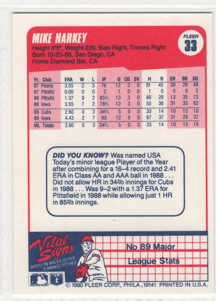 1990 Fleer Baseball #33 Mike Harkey Rookie Card RC Cubs | eBay