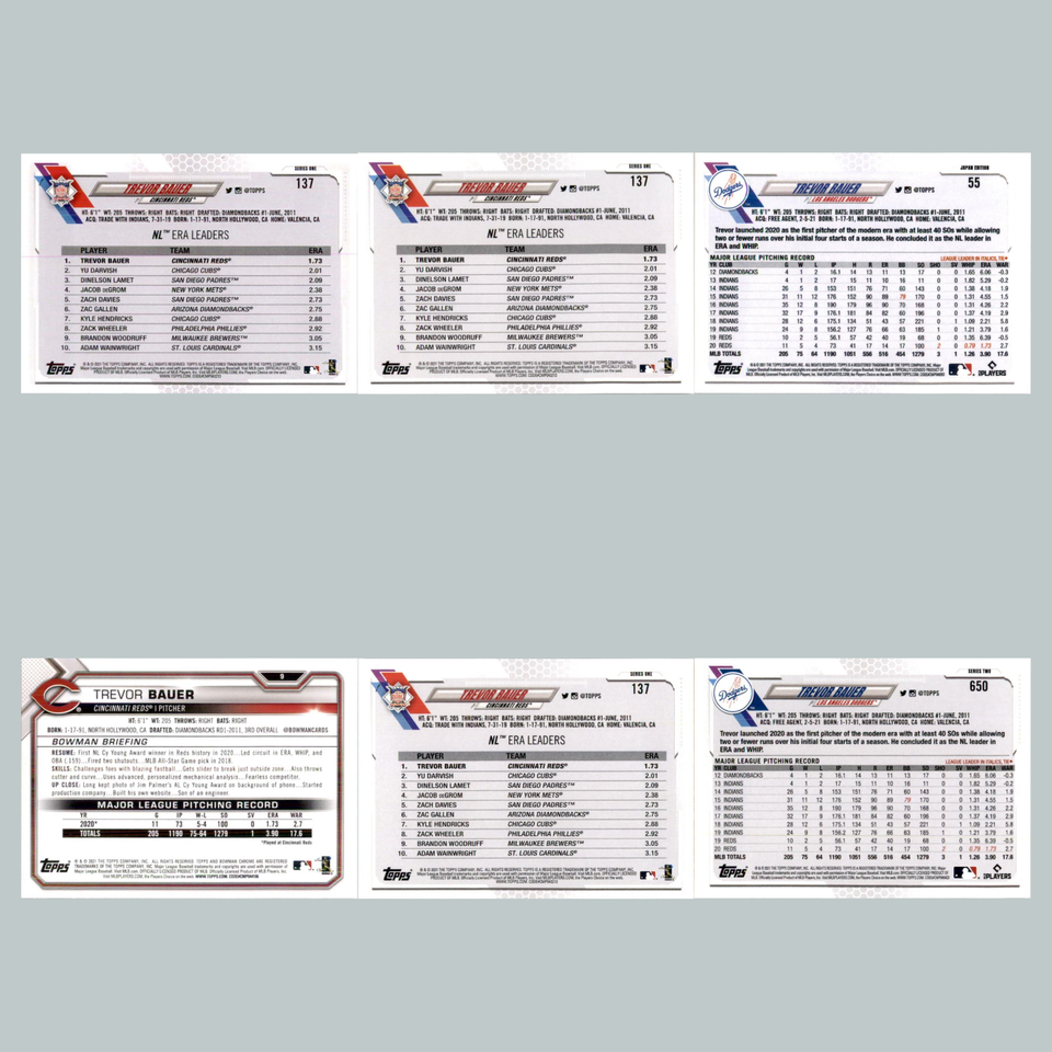 Trevor Bauer Lot 6 Baseball Cards 2021 Topps LL 62 Set Collection MLB ...