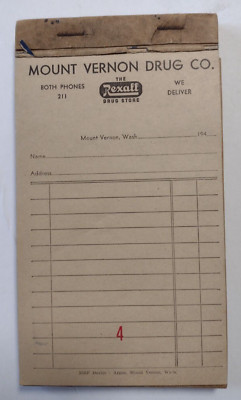 1940's Mount Vernon Drug Co. The Rexall Drug Store Duplicate Order Pad ...