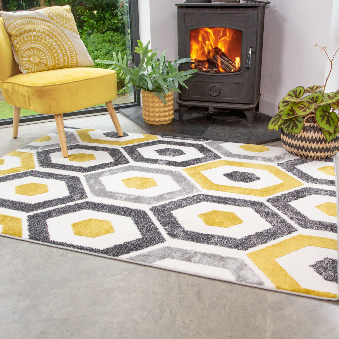 Yellow Mustard Rugs for Living Room Modern Geometric Ochre Grey Soft ...