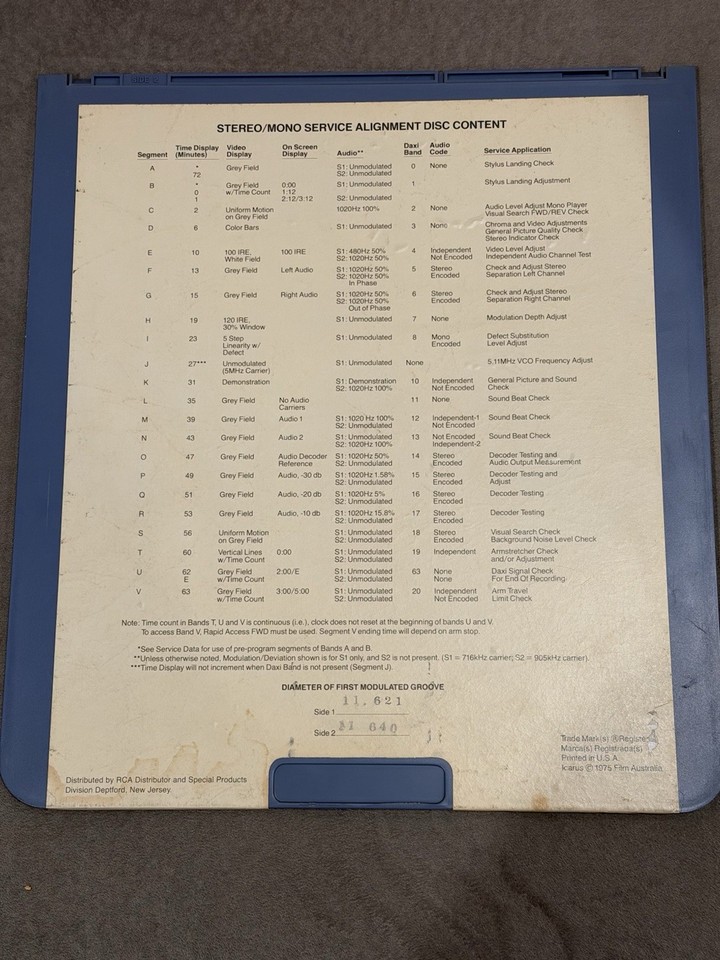 CED Service Alignment Disc ~ RCA Selectavision Videodisc ~ #153394 ...