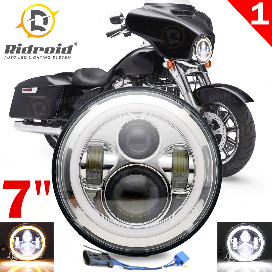 DOT 7" inch Round LED Motorcycle Headlight Hi/Lo Beam Halo DRL Lamp For ...