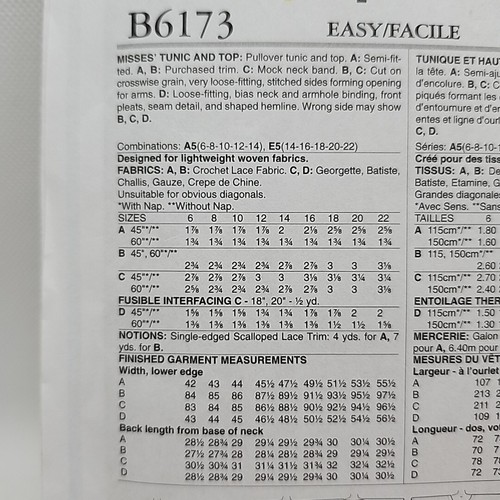 Butterick 6173 A5 Sewing Pattern Pullover Tunic Top 6-14 for sale ...