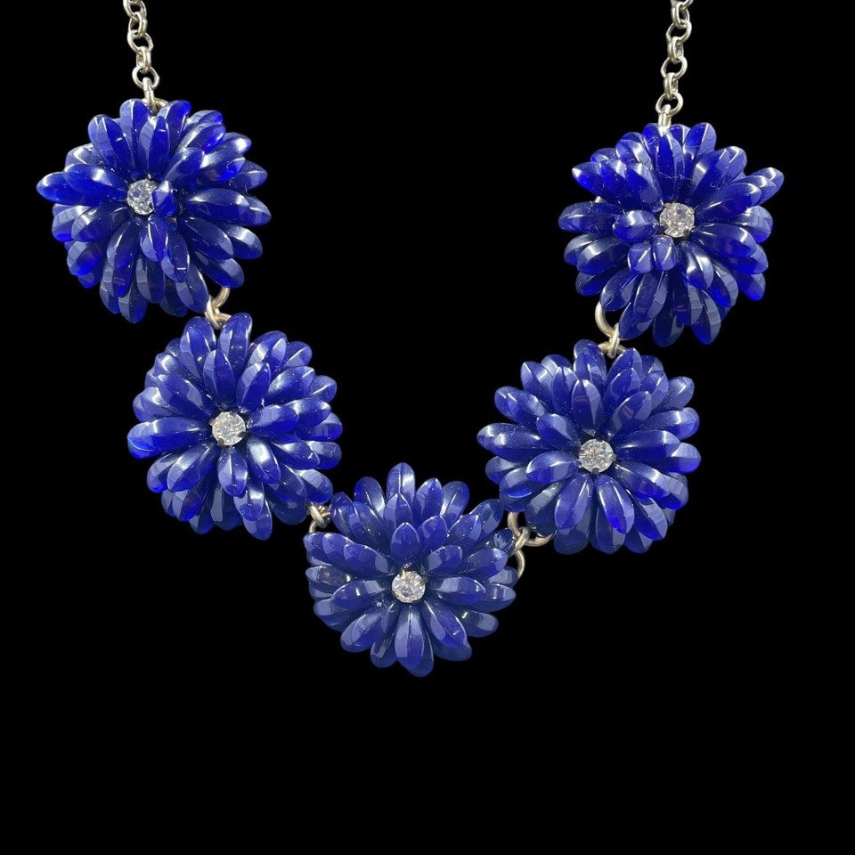 J Crew Blue Statement Floral Necklace Royalcore Coquette Vintage Bold ...