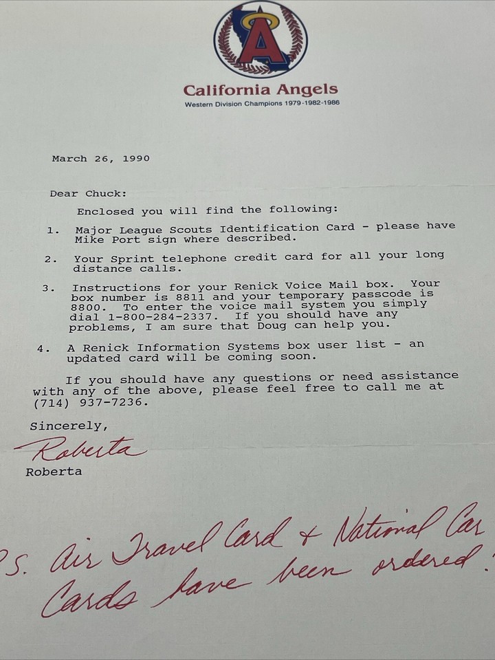 RARE MLB California Angels 1990 Letter From Roberta Mazur To Scout | eBay