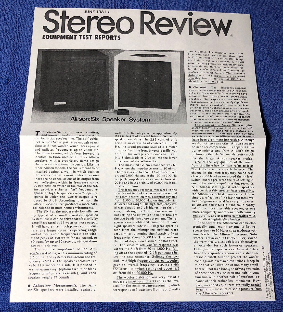 ALLISON:SIX SPEAKER SYSTEM JUNE 1981 STEREO REVIEW COPY M321x | eBay
