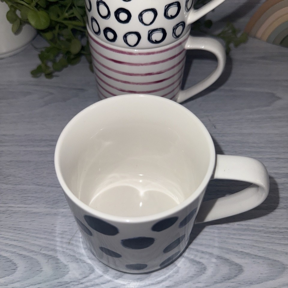 Tesco Spots & Stripes Stacking Mugs X 3 White Black & Red VGC | eBay