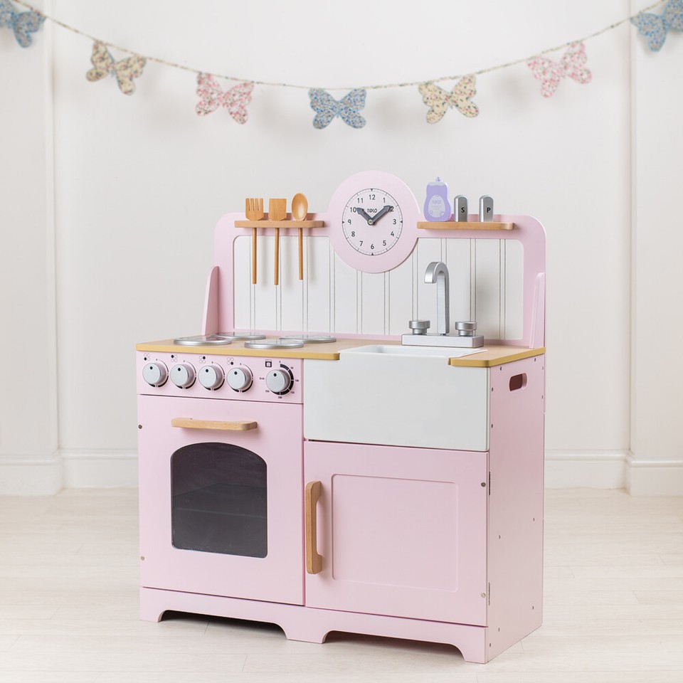 Tidlo Wooden Pink Country Play Kitchen, Features an Oven & Hob with ...