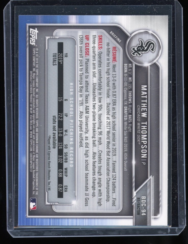 2019 Bowman Draft Matthew Thompson Chrome Refractor #BDC-94 Chicago ...