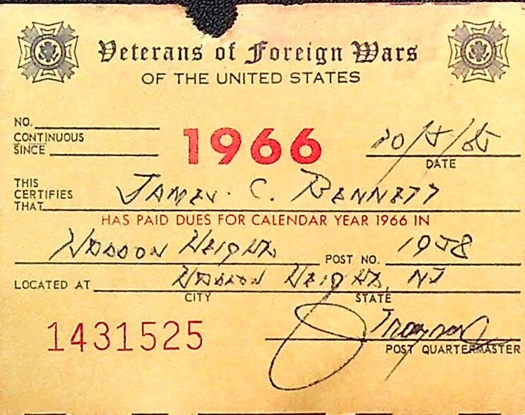 1966 VFW VETERANS OF FOREIGN WARS MEMBERSHIP CARD POST #1958 HADDON ...