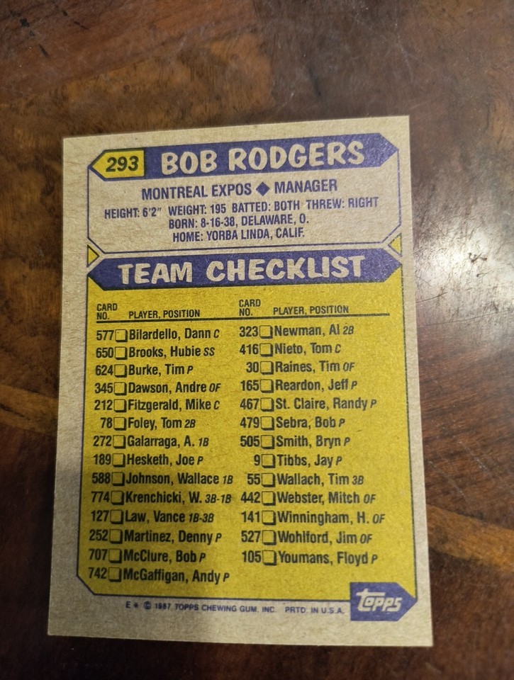 BOB RODGERS 1987 TOPPS MANAGER EXPOS CHECKLIST #293 FREE SHIPPING | eBay
