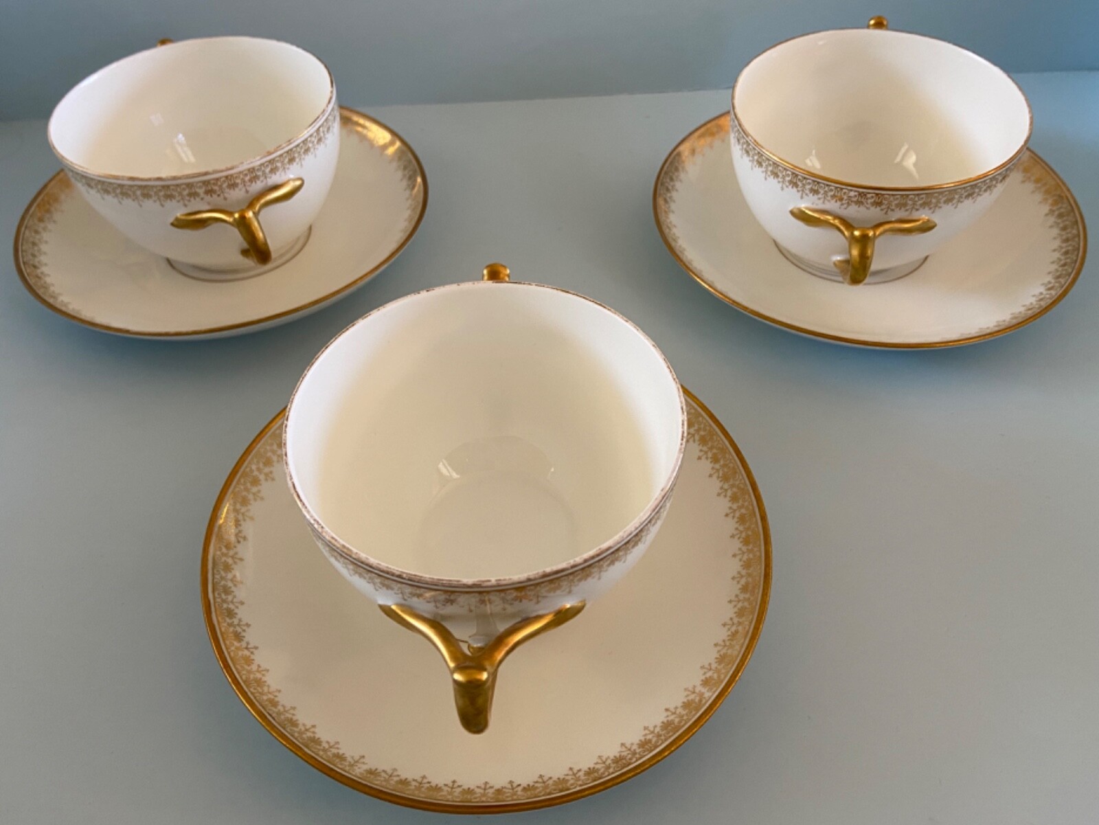 3 Antique D & C France Limoges NY bullion/tea cups+saucers gold trimmed ...