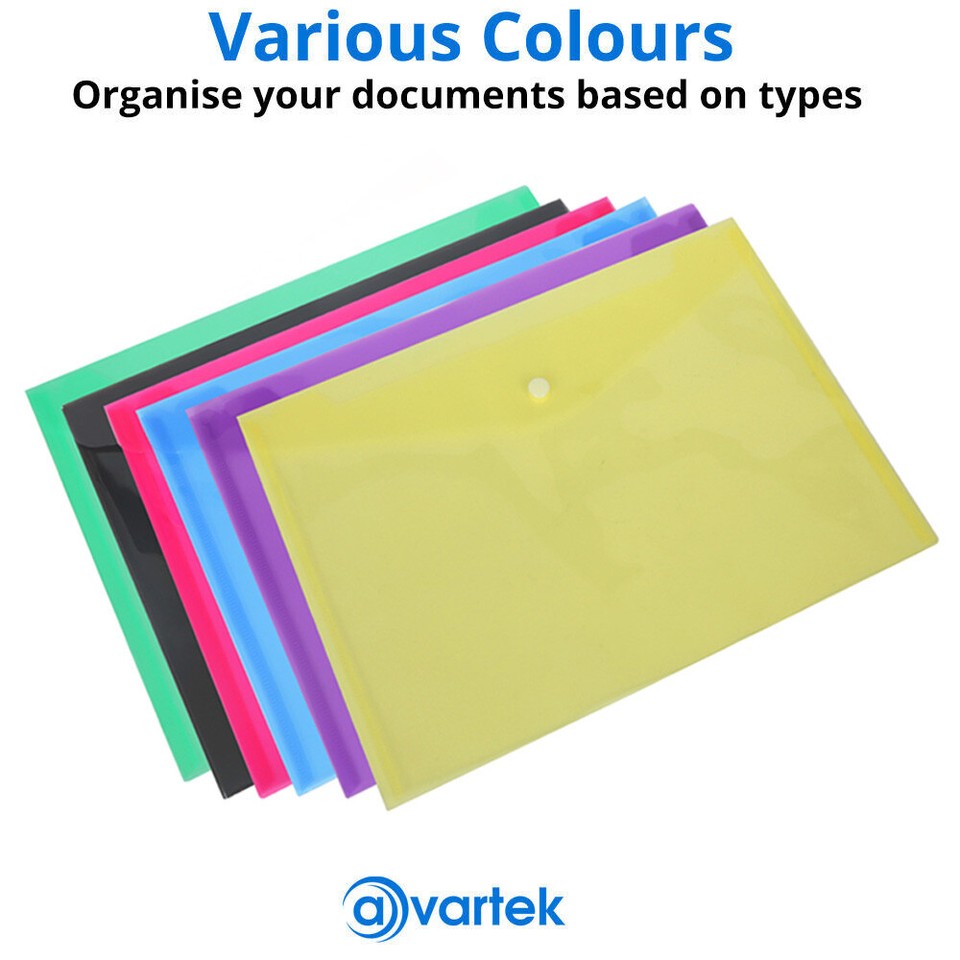5 x A4 Plastic Wallets Stud Document Wallet Files Folders Filing School ...