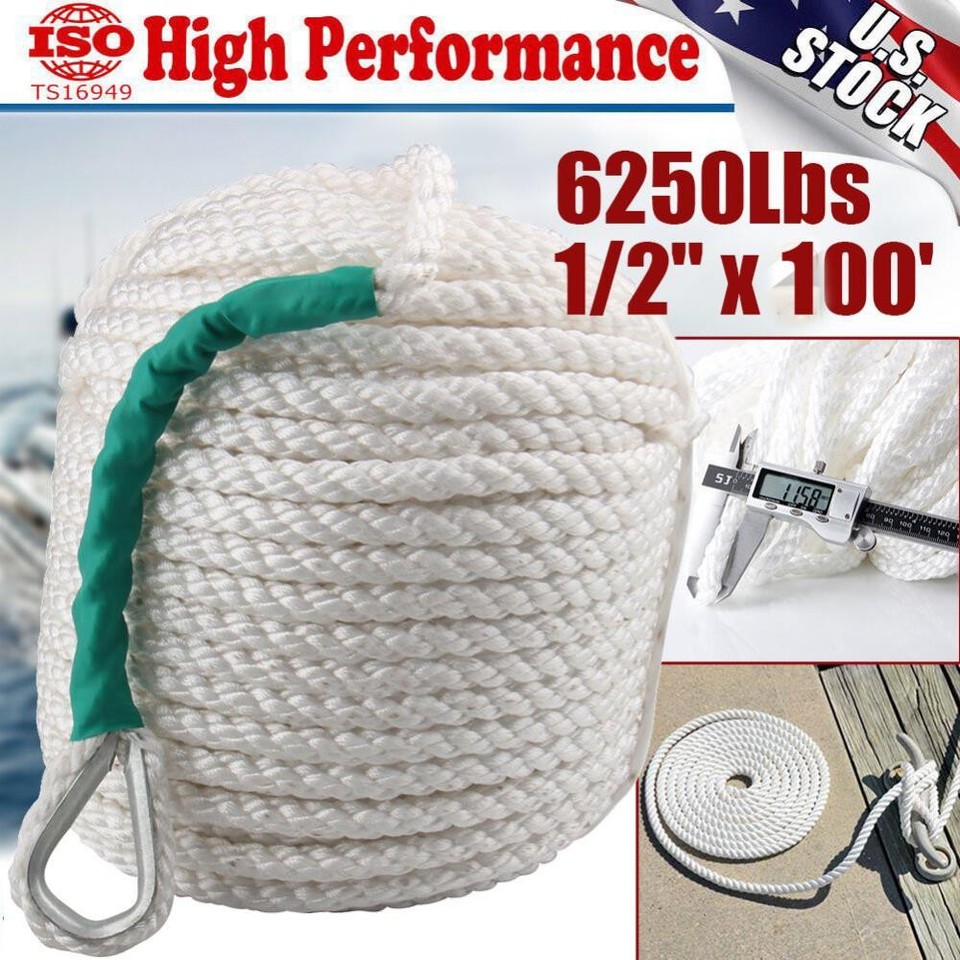 1/2"x100' Twisted 3 Strand Nylon Anchor Rope Boat w/Thimble Rigging ...