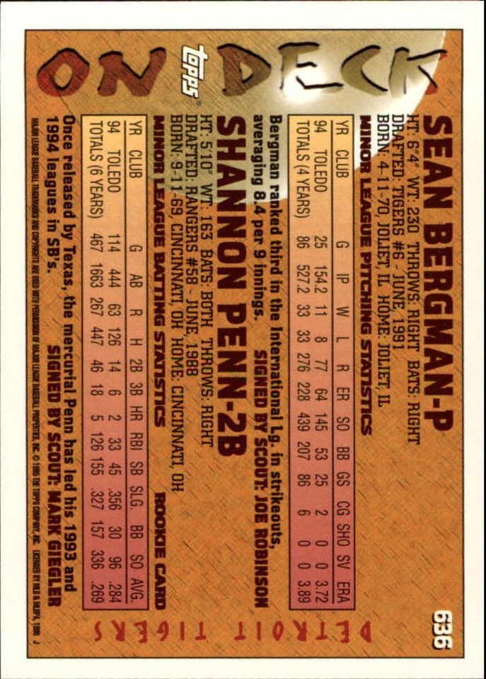 1995 Topps Baseball Card #636 Sean Bergman | eBay