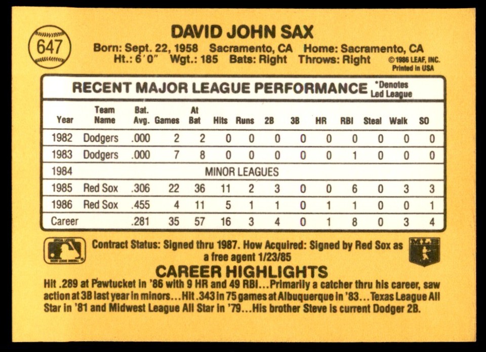 1987 Donruss Dave Sax Boston Red Sox #647 | eBay