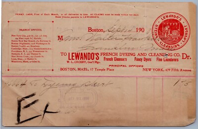 1908 Lewando's Billhead Boston MA French Dyeing Laundry Cleansing ...