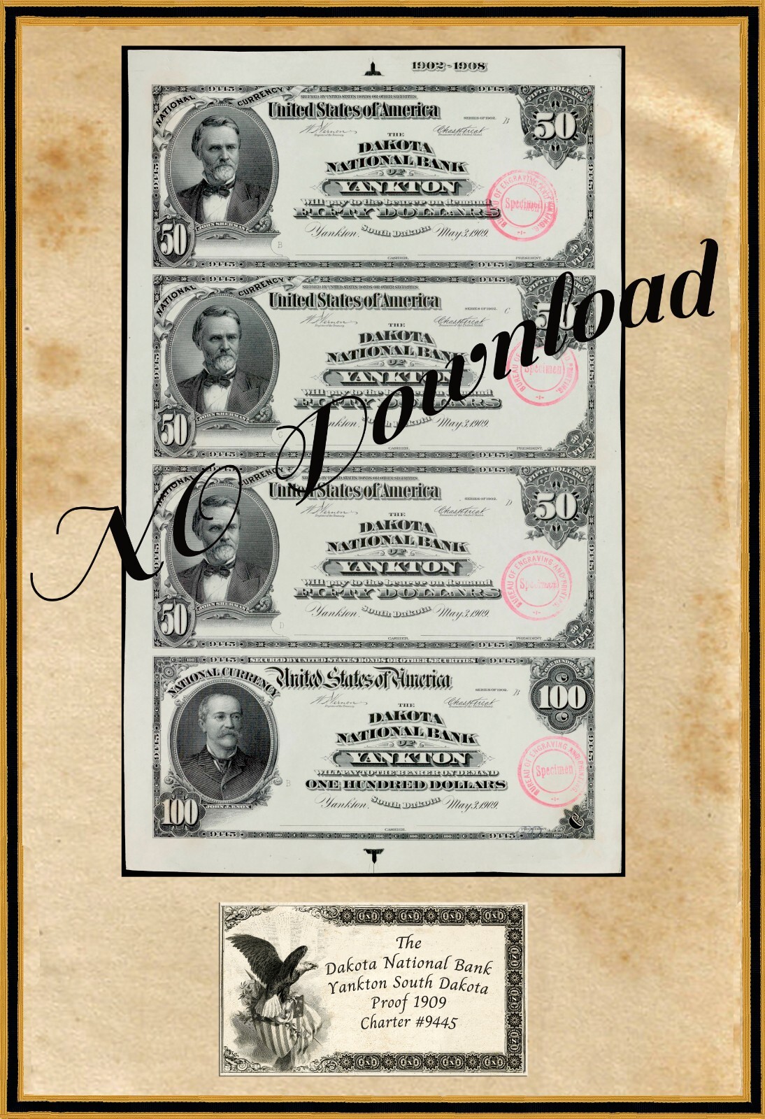 COPY 1909 Proof $50-$100 4 The Dakota Natl Bank of Yankton South Dakota ...