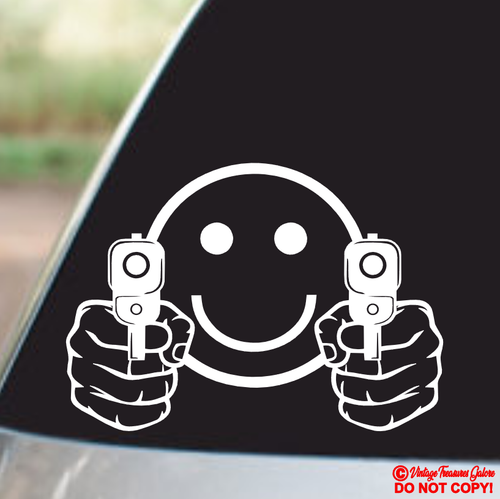 SMILEY FACE POINTING GUNS - VINYL DECAL CAR REAR WINDOW BUMPER STICKER ...
