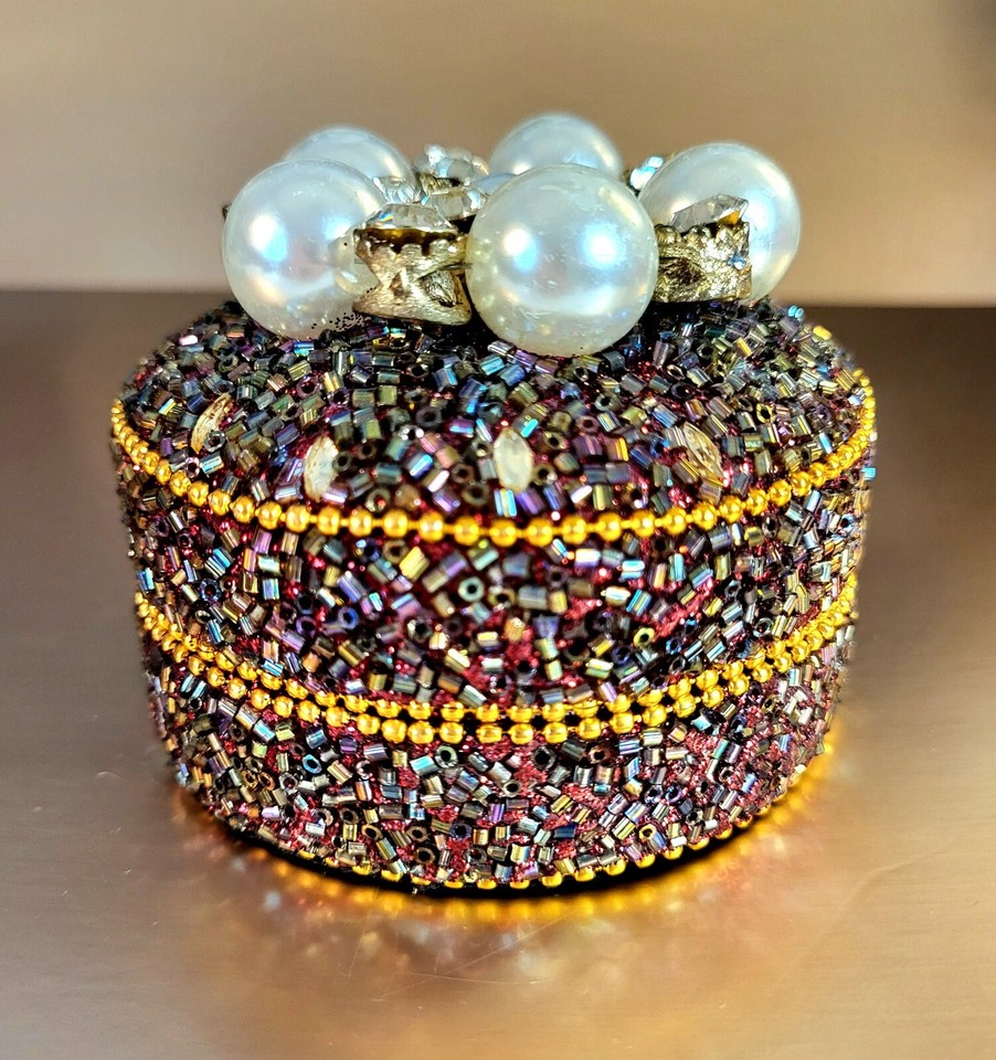 Vintage Sparkly Beaded Round Metal Trinket Box Big Faux Pearls&Clear ...