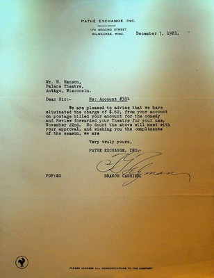 Pathe Exchange Letterhead December 7 1921 Comedy and Review | eBay