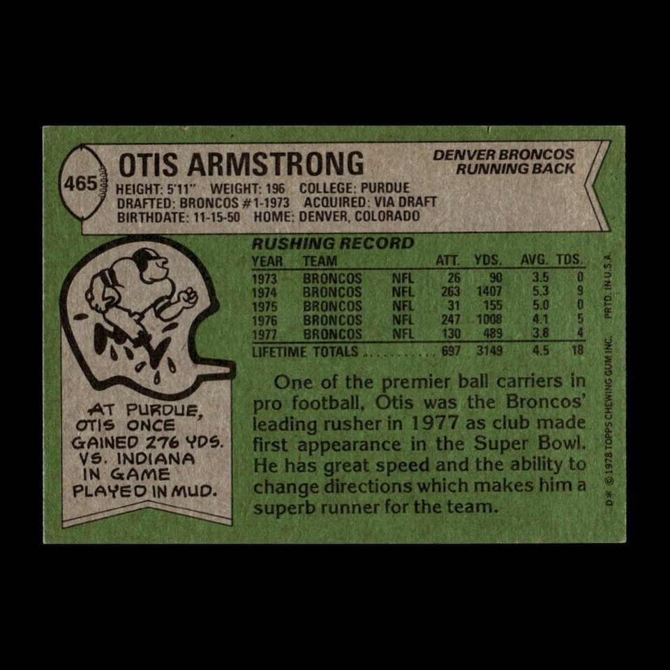 Otis Armstrong 1978 Topps Denver Broncos #465 R309E 1 | eBay