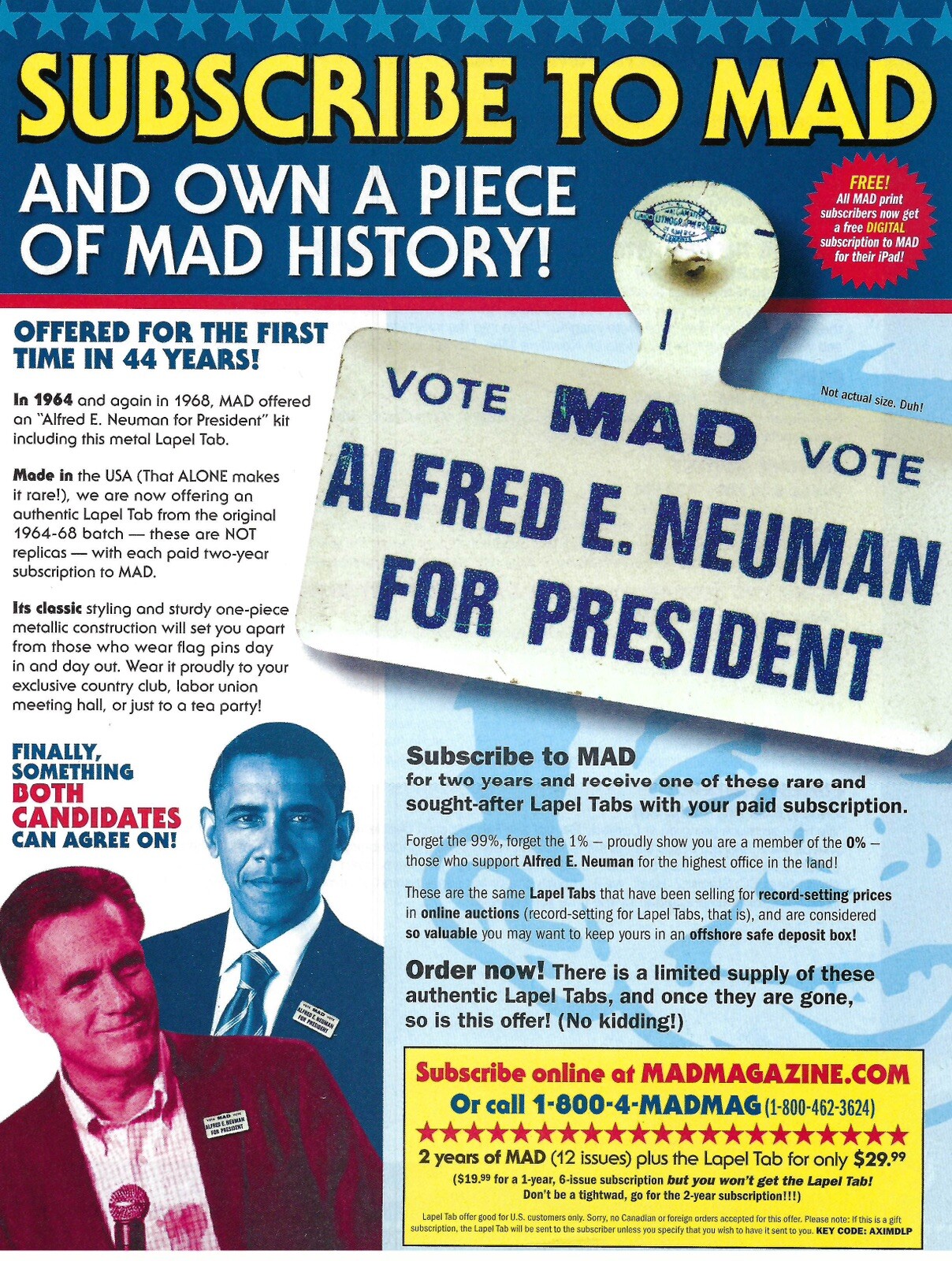 2012 Mad Magazine Subscribe Vote Alfred Neuman President Retro Print Ad ...
