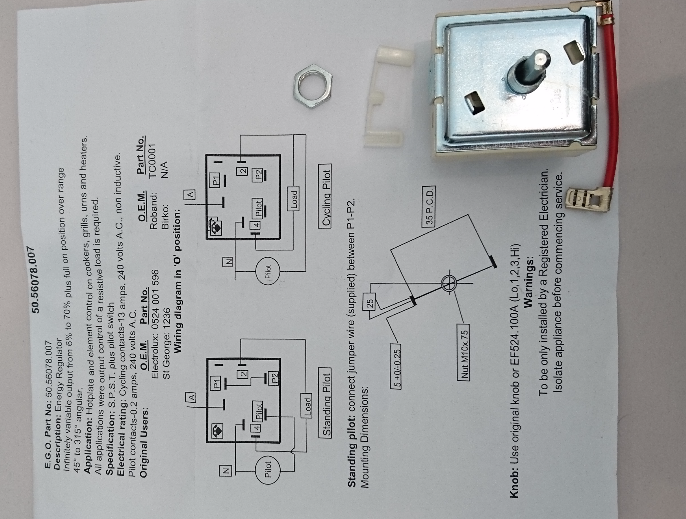 GENUINE EGO HOTPLATE SIMMERSTAT CONTROL ENERGY REGULATOR 50.56078.007 ...