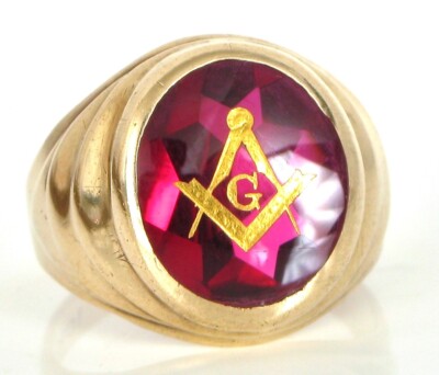 VTG BEAUTIFUL 10K YELLOW GOLD RUBY MASONIC MEN'S RING FREEMASON S7 6G ...