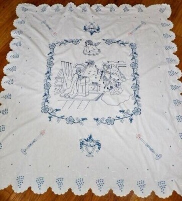 Vintage Embroidered Tablecloth with Religious Center Angels Candles 50 ...