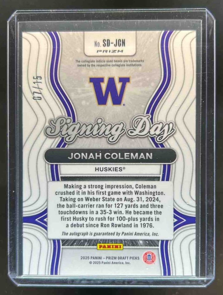 2025 Prizm Draft Picks Jonah Coleman Signing Day Auto Gold Shimmer #7/ ...