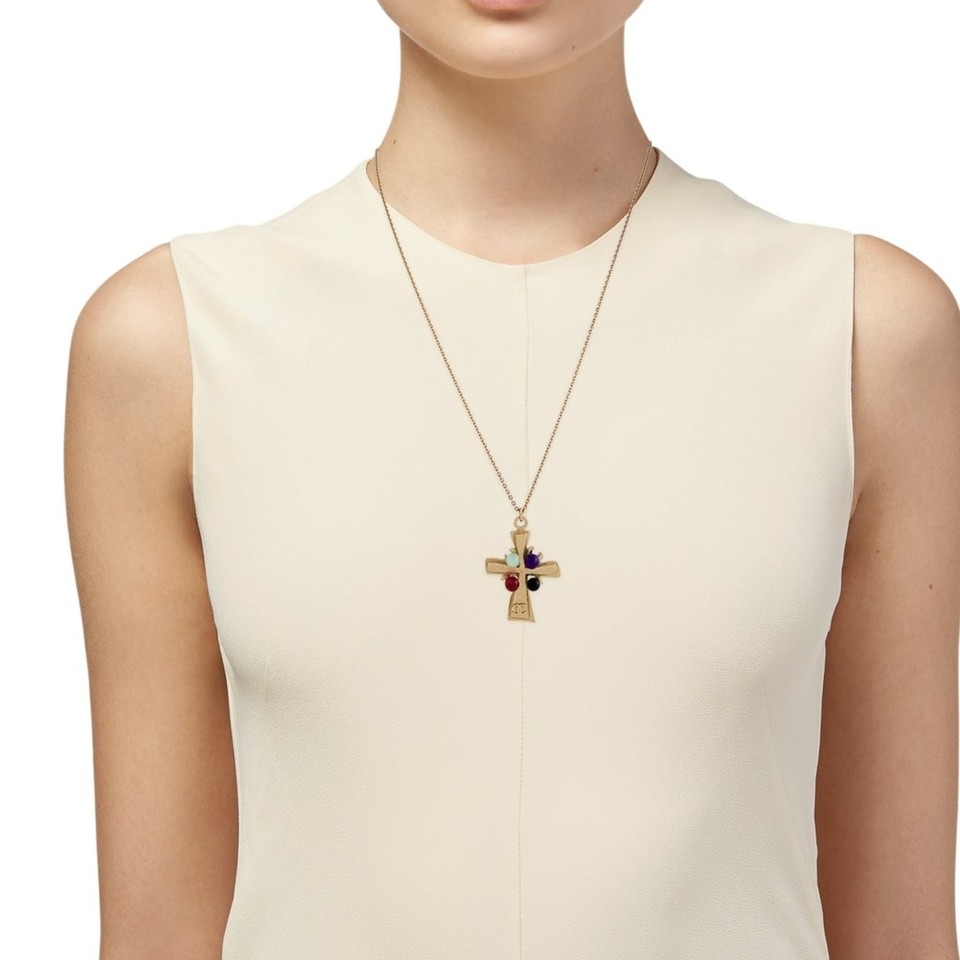 Vtg Chanel Gripoix Gold-Plated Multi-Color Poured Glass Cross Pendant ...