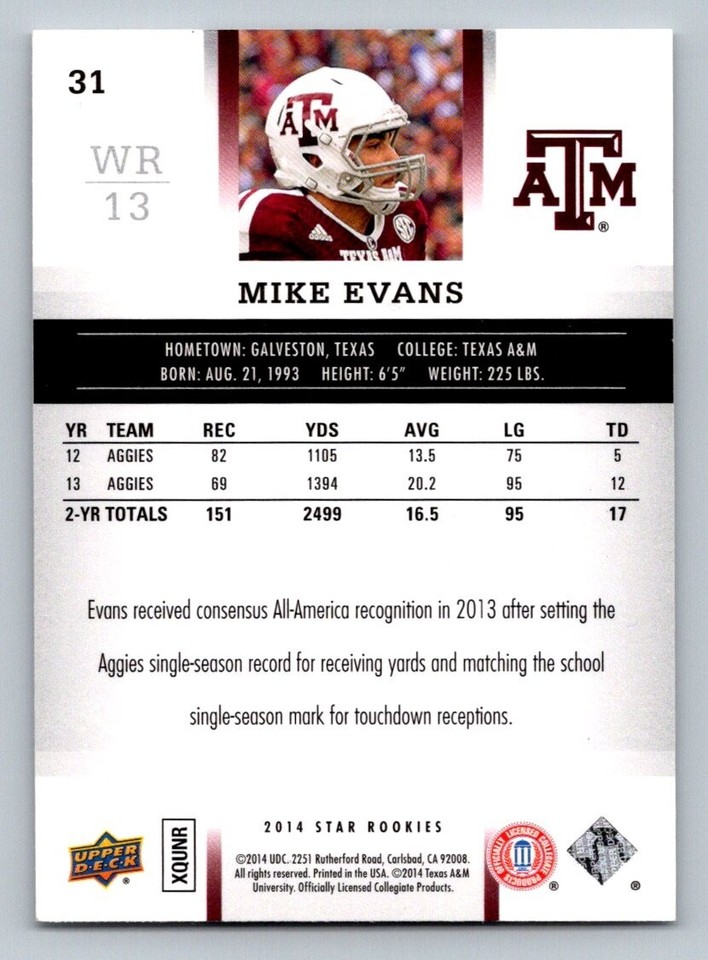 Mike Evans Rookie Card Upper Deck 2014 STAR ROOKIES 💥 Buccaneers 💥 | eBay