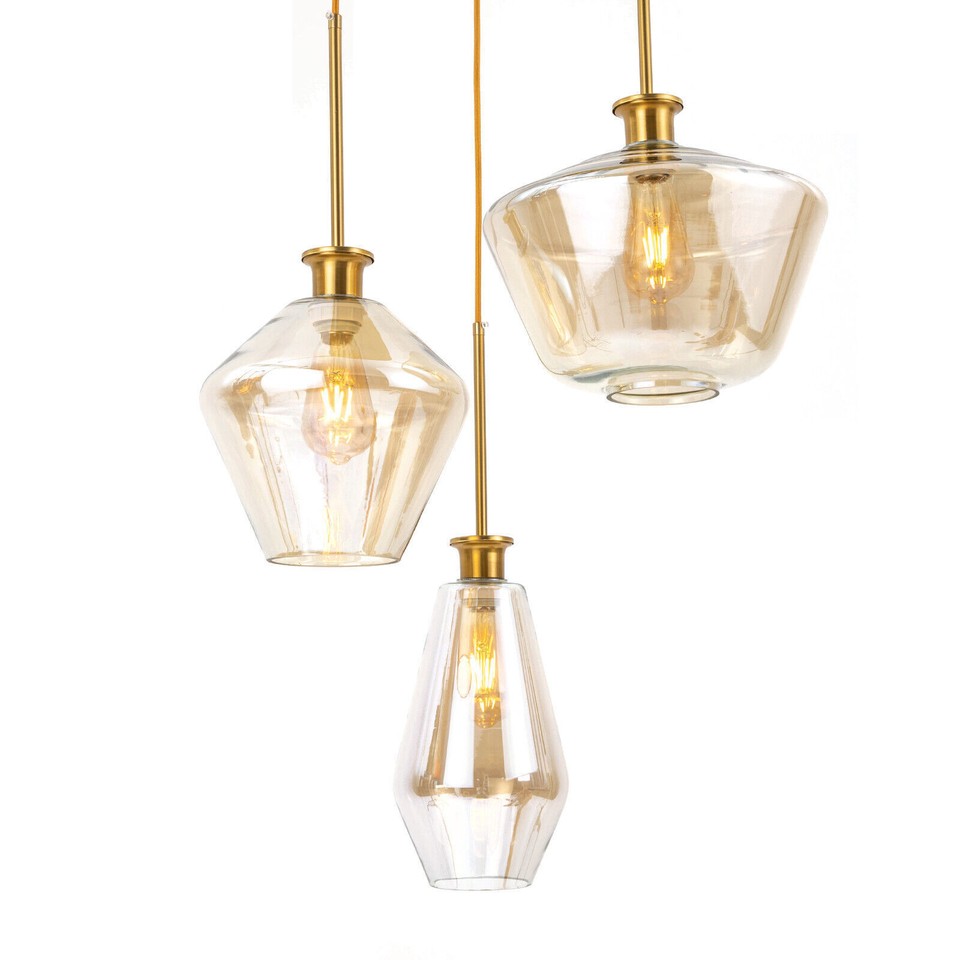 3-Light Chandelier Ceiling Lights Glass Champagne Gold Hanging Pendant ...