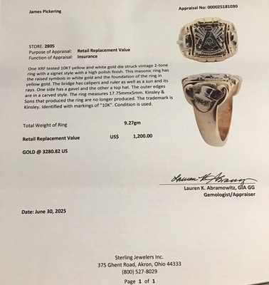 Appraised Vintage Masonic President Ring. 10K yellow and white Gold ...