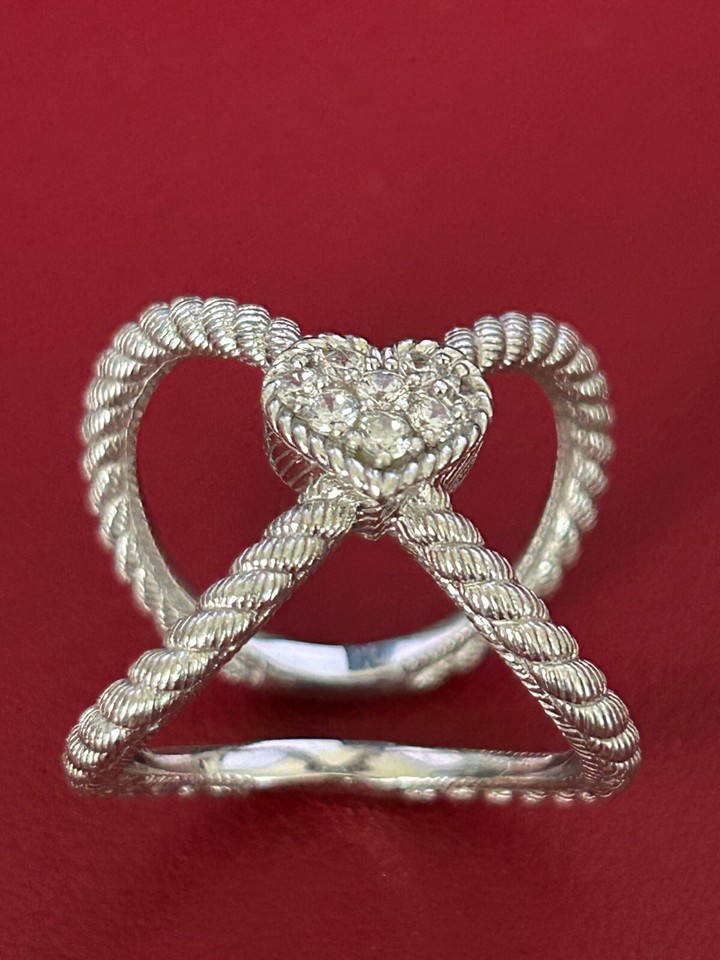 Judith Ripka Heart and Rope 925 sterling Silver Cross Over ring sz 6.5 ...