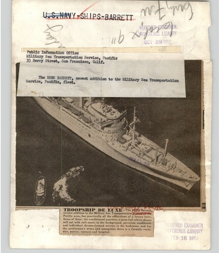 Military Sea Transportation Service SHIP USNS BARRETT Vintage 1959 ...