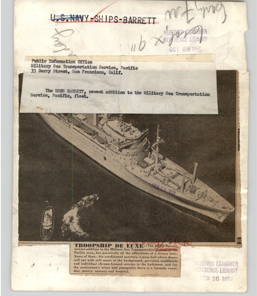 Military Sea Transportation Service SHIP USNS BARRETT Vintage 1959 ...