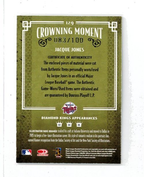 2005 Diamond Kings Jacque Jones Dual Mem #'d /100 Minnesota Twins SP ...