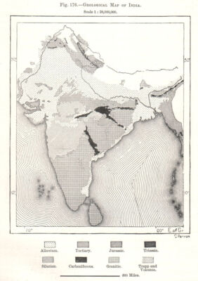 Geological Map of India. Sketch map 1885 old antique vintage plan chart ...