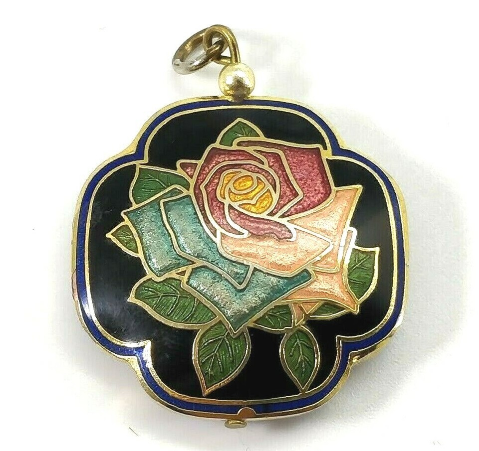 Vintage Cloisonne Enamel Flower Red Rose Blue Edge 2 Sided Brown Gold ...