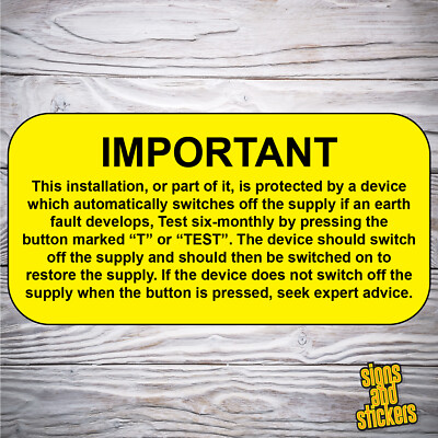 1000 RCD Test Labels 18th Edition YELLOW Electrical Safety stickers ...