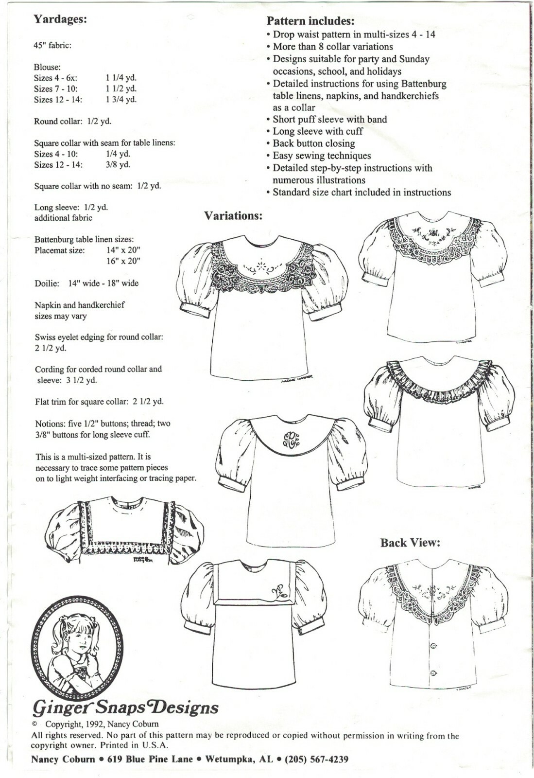 Ginger Snaps Designs Basic Blouse Pattern Puff Sleeves Girls Size 4-14 ...