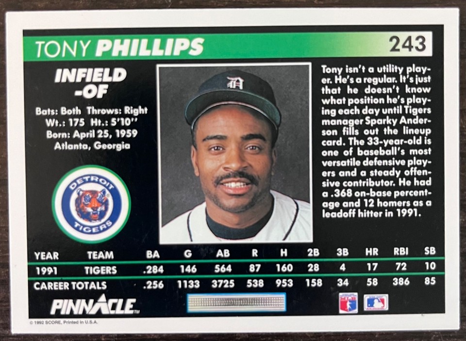 1992 Pinnacle #243 Tony Phillips Detroit Tigers MLB Major League ...
