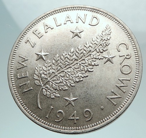 1949 NEW ZEALAND SILVER FERN PLANT Crown Coin under UK King George VI ...