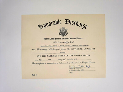 Original Honorable Discharge Certificate US National Guard September ...