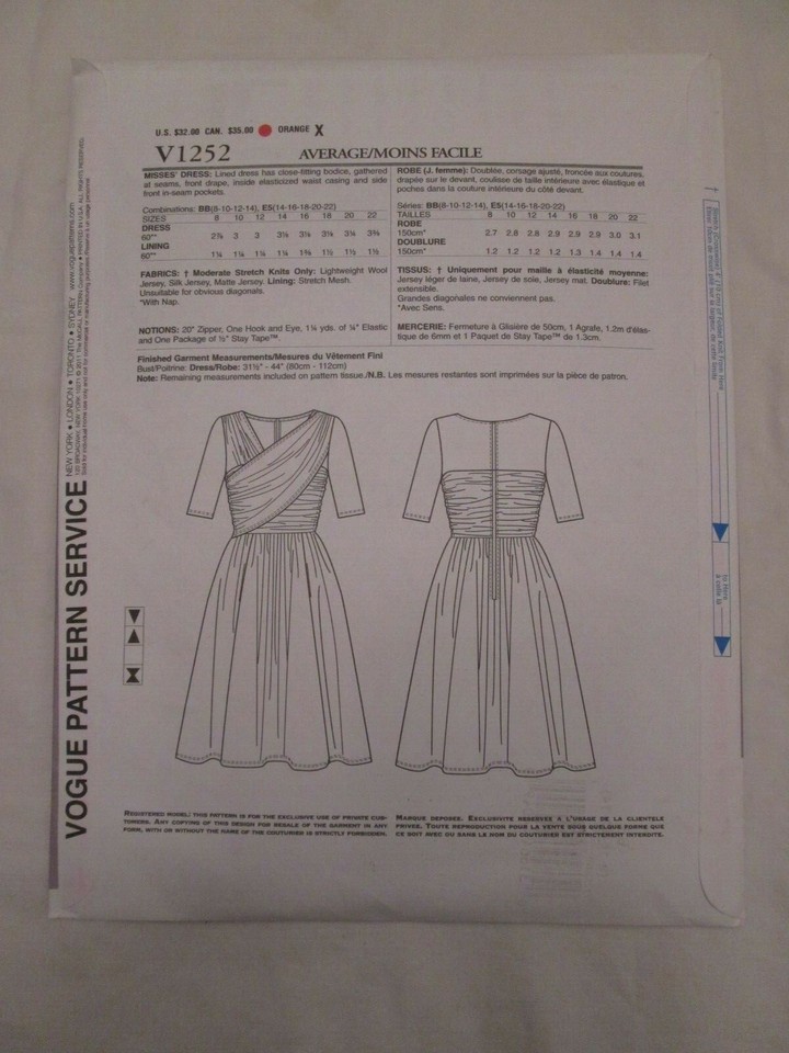 Vogue 1252 Tracy Reese New York American Designer Lined Dress Pattern ...