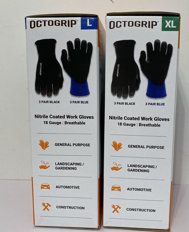 Octogrip Nitrile Coated Work Gloves, 18 Gauge, Breathable, 6 Pairs SIZE ...