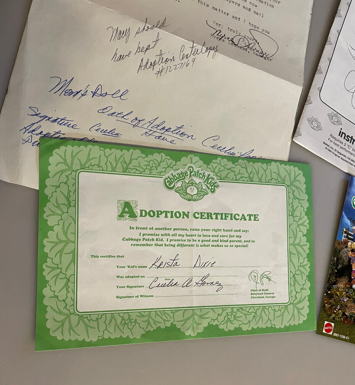 Lot of Cabbage Patch Adoption Certificate & Misc Papers Signed Letter ...