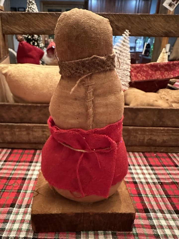 Primitive Folk Art Snowman Doll On Wood Base 8.5” Tall Handmade | eBay